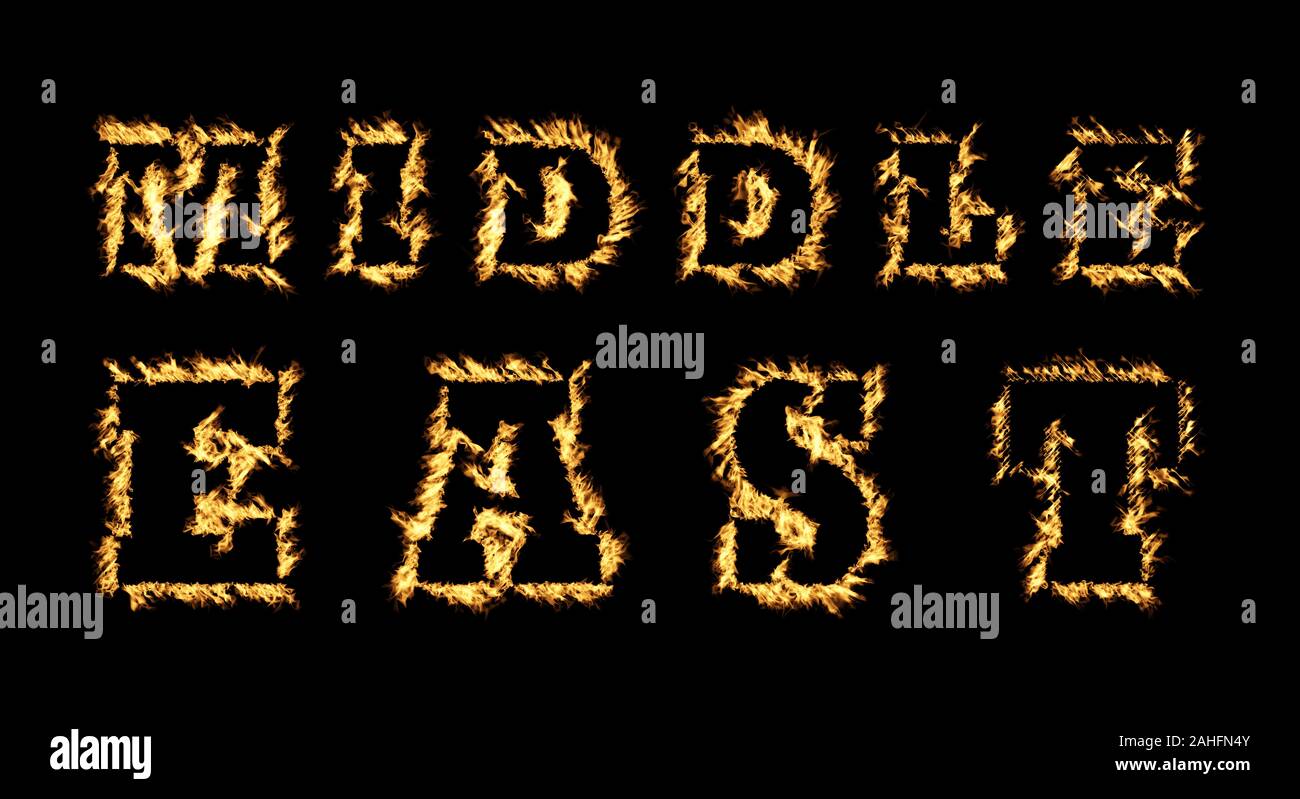Middle East Text with Burning Flames Effect against a black background ...