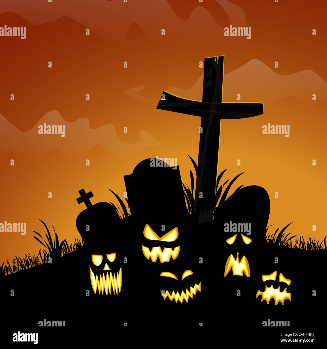 spooky cemetery with different grave stones and spooky faces and other scary illustrated ...
