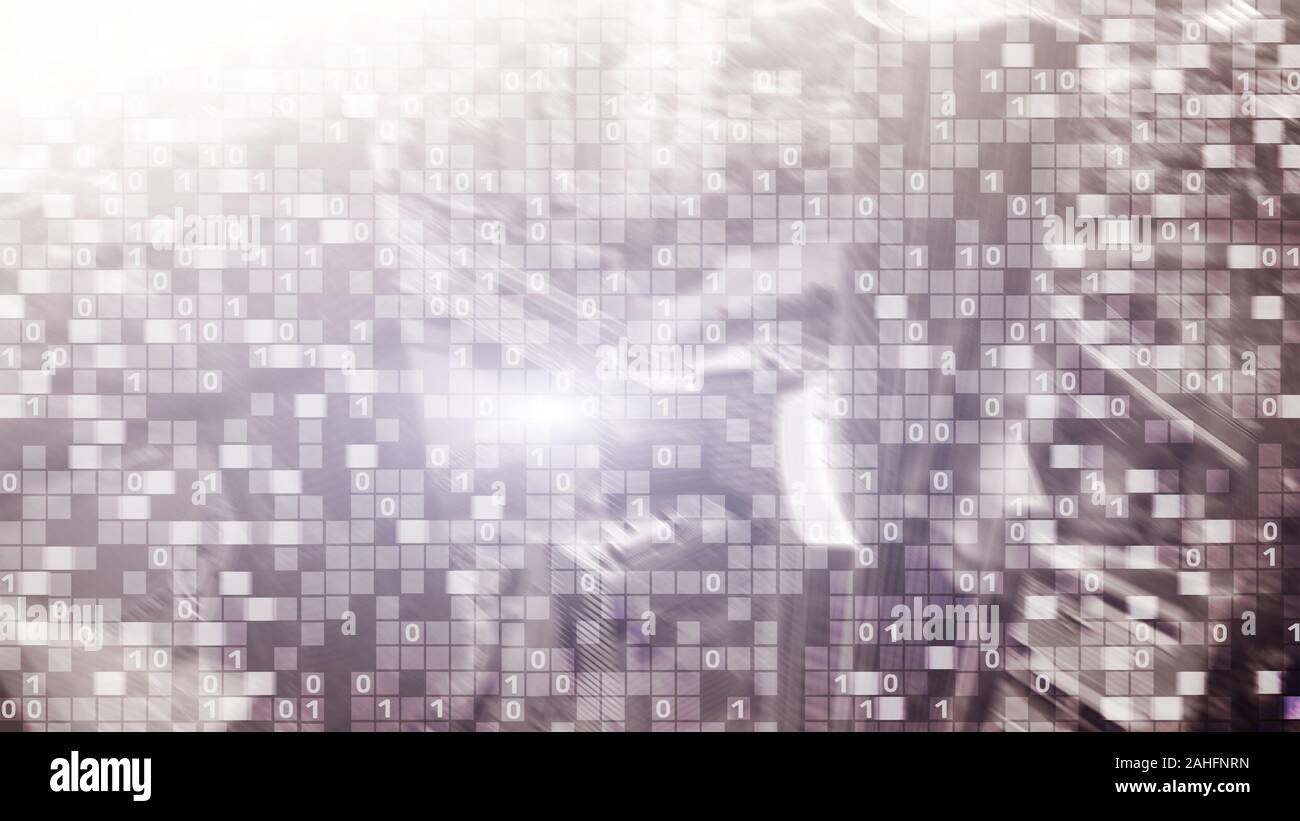 Digital code on blur city background. Abstract Binary code Stock Photo - Alamy