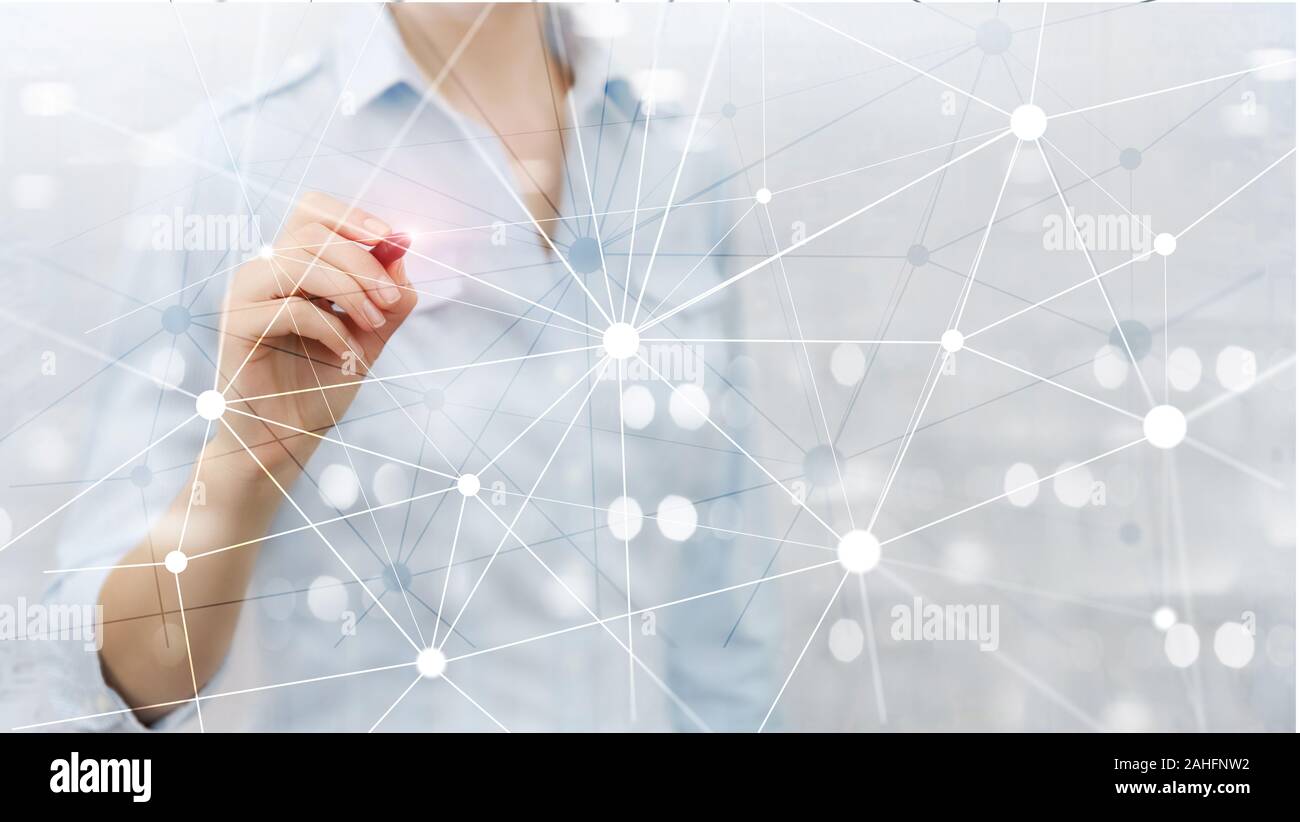 Blockchain network on blurred skyscrapers background. Financial ...