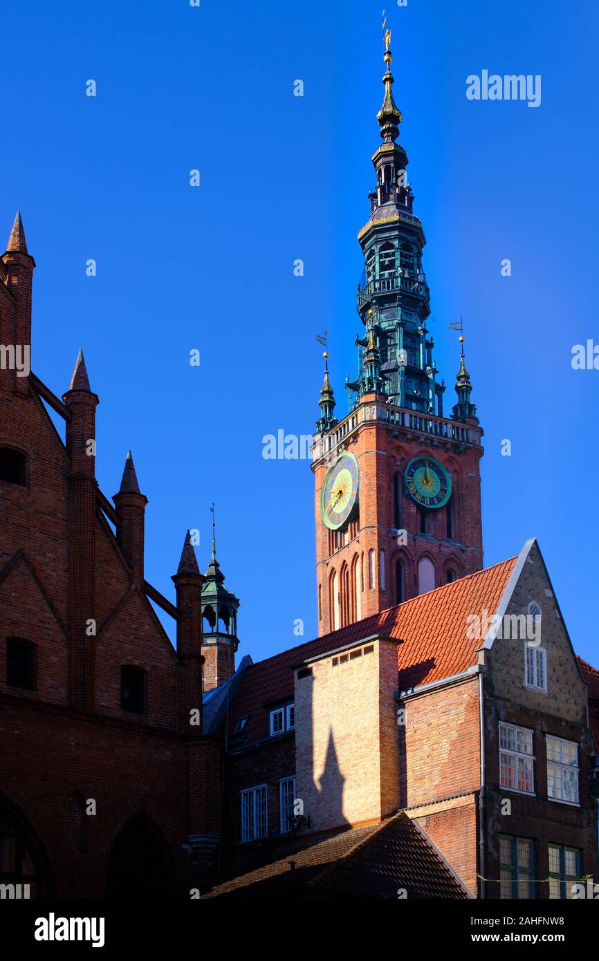 Tower of the historic Town Hall in Gdańsk (Danzig in German) a port ...