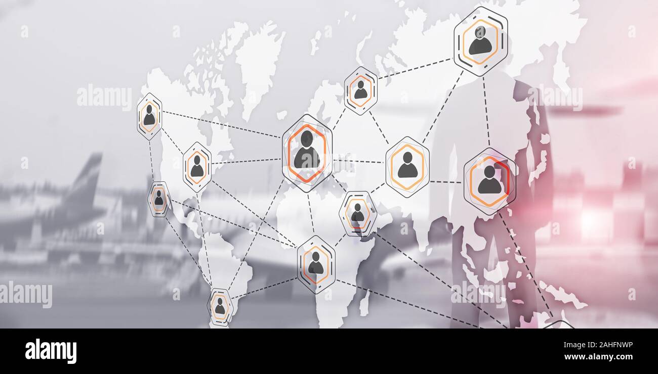 Social network with connected people 3D icons on map. Background for ...