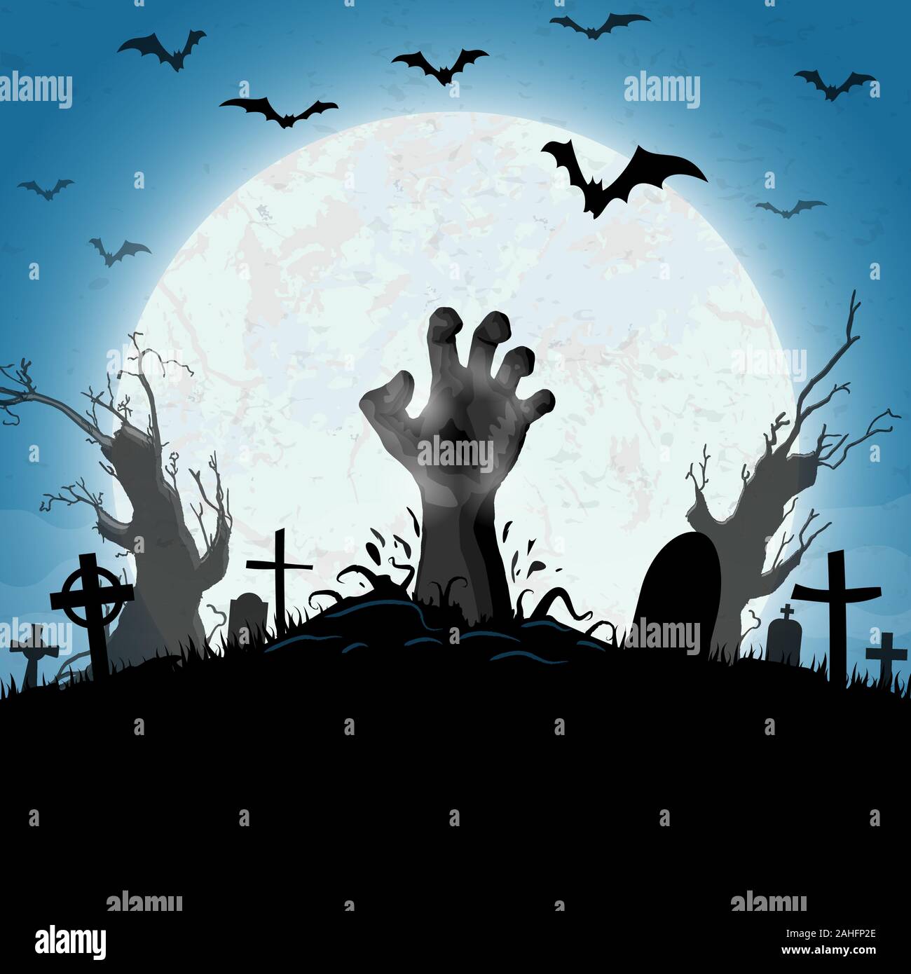 zombie hands in front of full moon with scary illustrated elements for ...