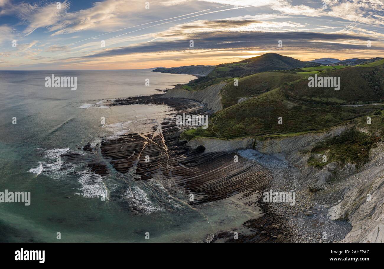 Zumaia flysch geological strata layers drone aerial view, Basque ...