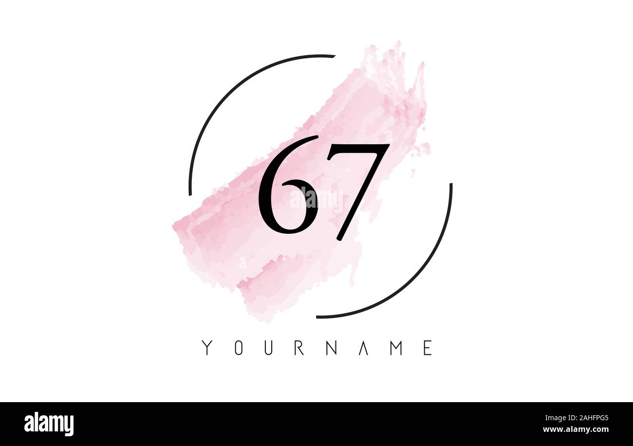 Number 67 Watercolor Stroke Logo with Circular Shape and Pastel Pink ...