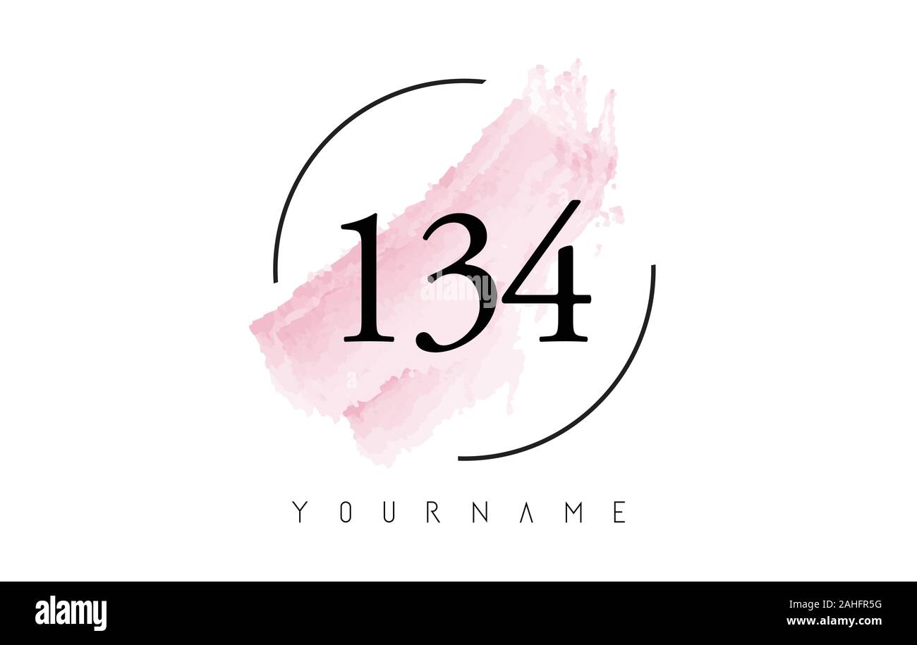 Number 134 Watercolor Stroke Logo with Circular Shape and Pastel Pink ...