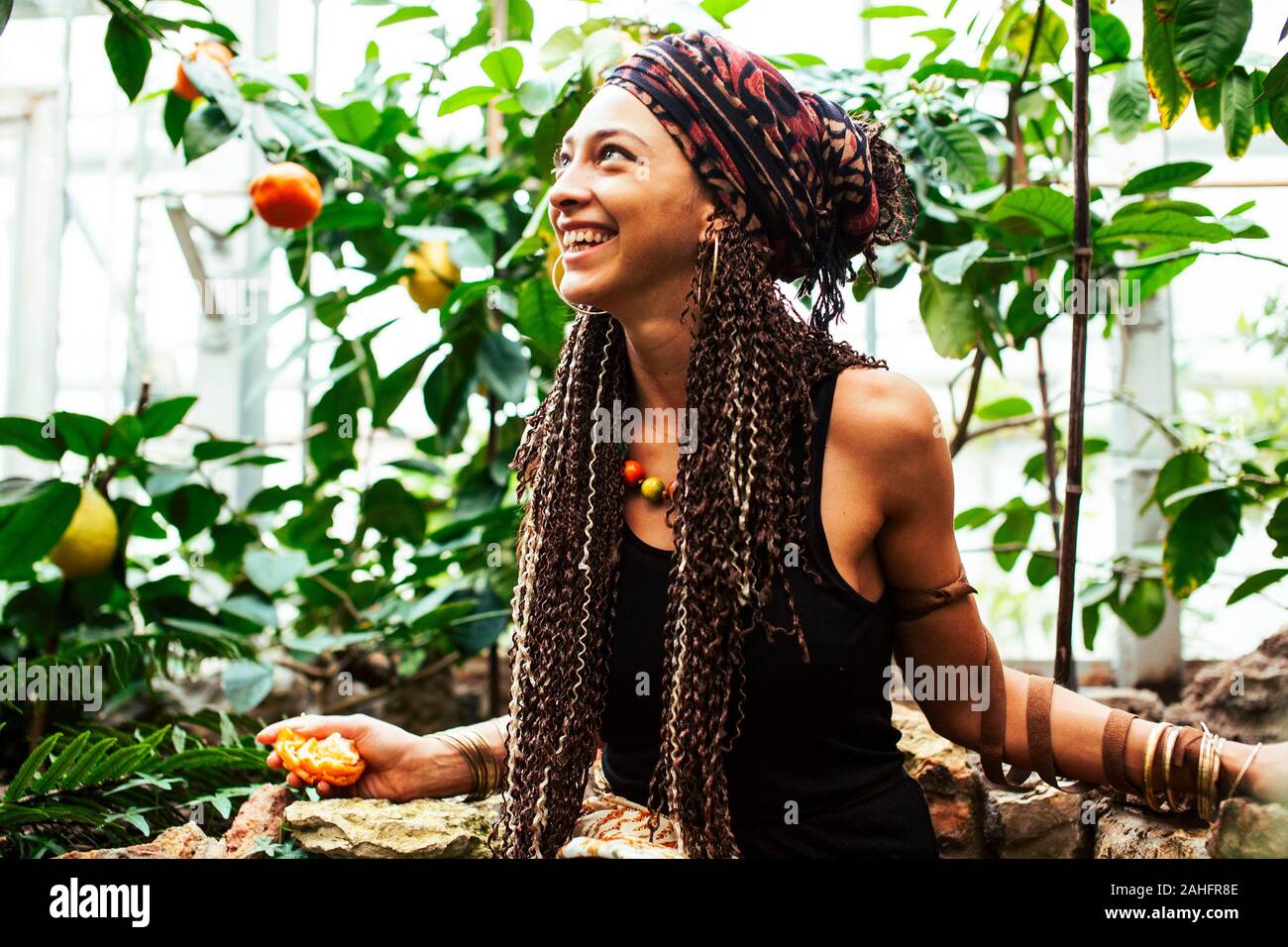 pretty islam woman in orange grove smiling, real muslim girl cheerful ...