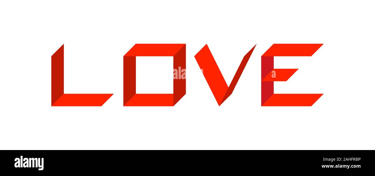 Word love made of letters in the form of flat red stripes. Volumetric ...