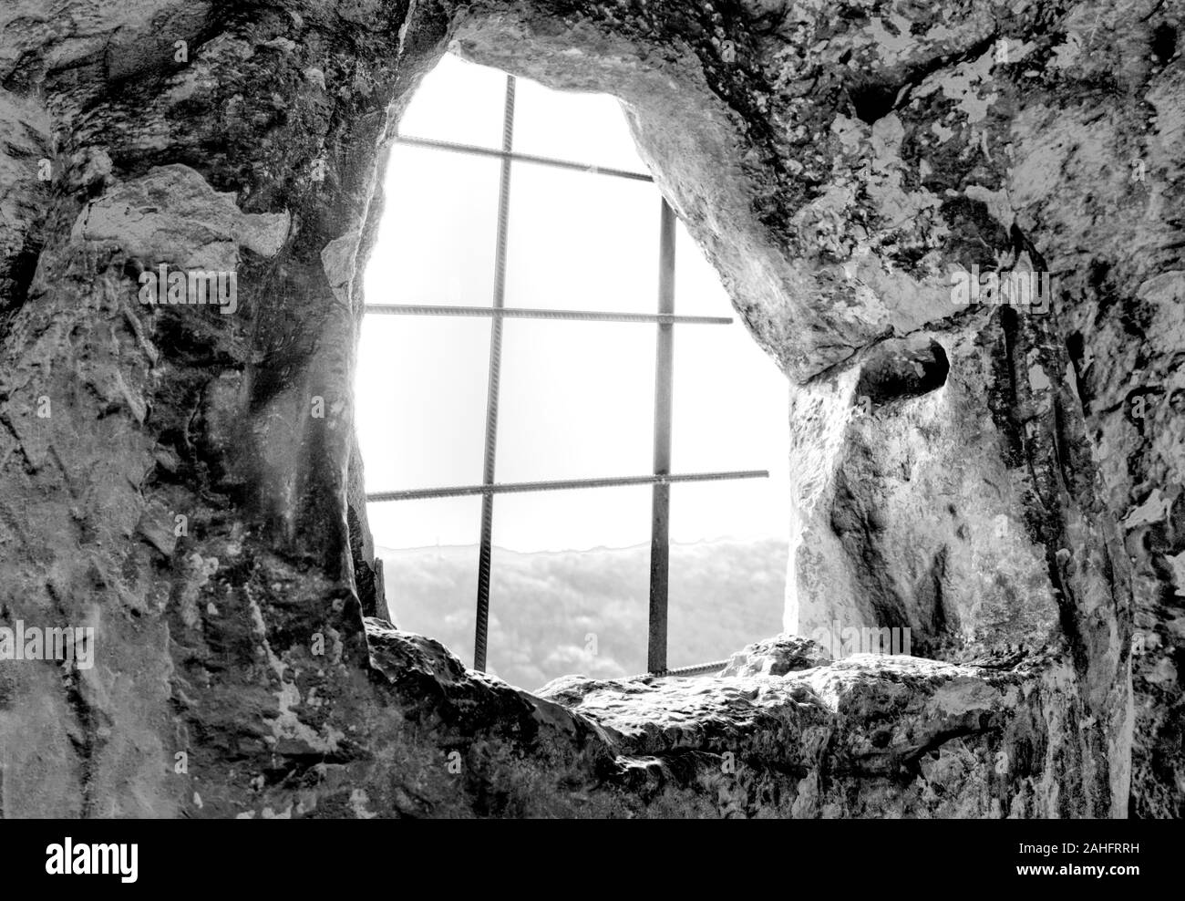 Beautiful view from inside of the cave to the outside world in black ...