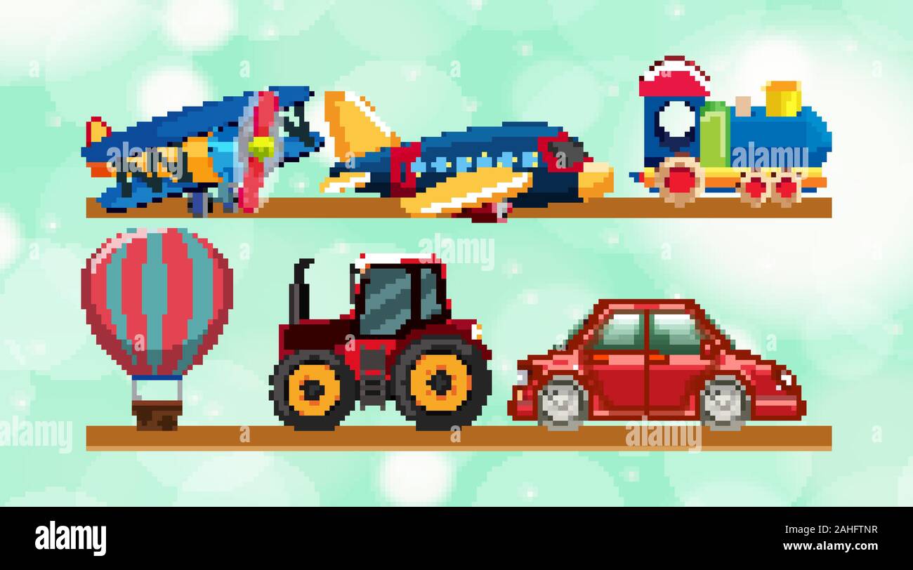 Different transportation toys on wooden shelves illustration Stock ...