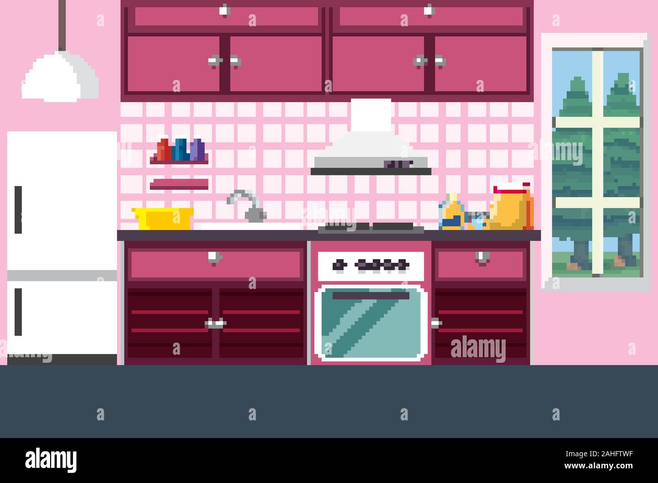 Kitchen with furniture in pink illustration Stock Vector Image & Art ...