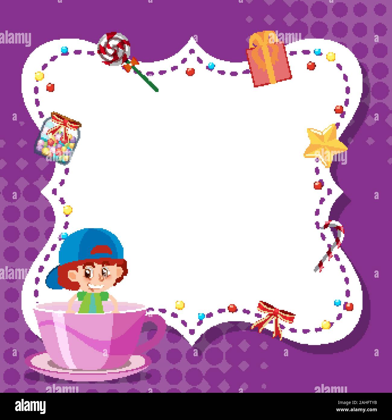 Frame template design with boy in big cup illustration Stock Vector ...