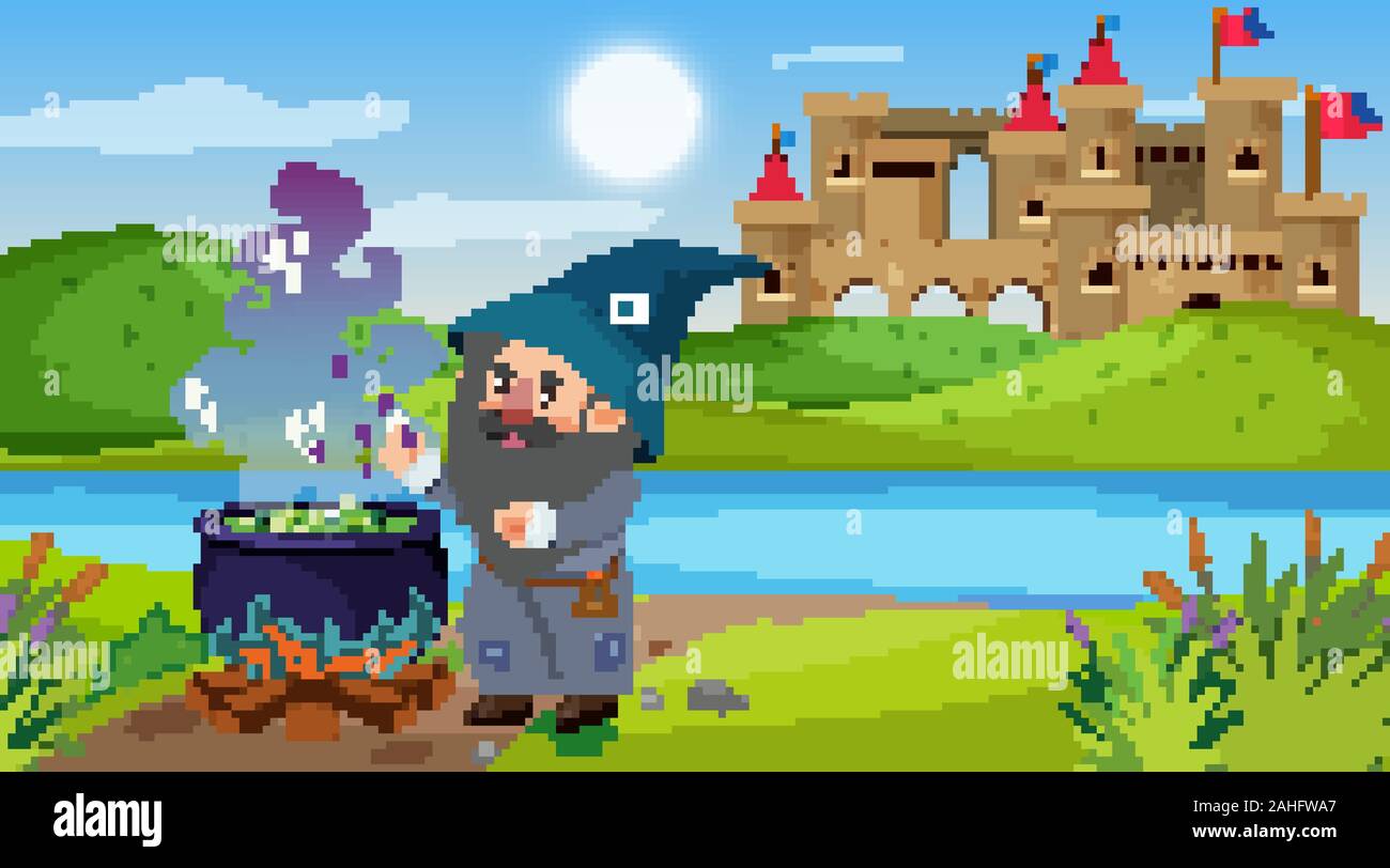 Scene with wizard making magic brew illustration Stock Vector Image ...