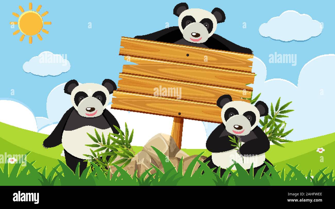 Wooden sign with three pandas in the park illustration Stock Vector ...