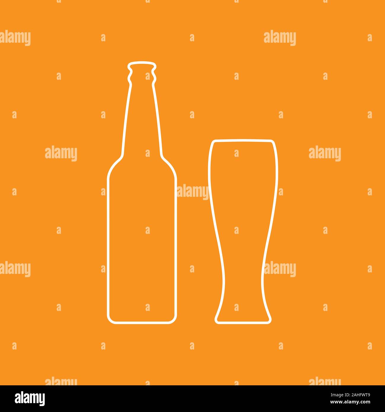 Mock up contour of a beer glass bottle and glass. Menu design. Orange ...