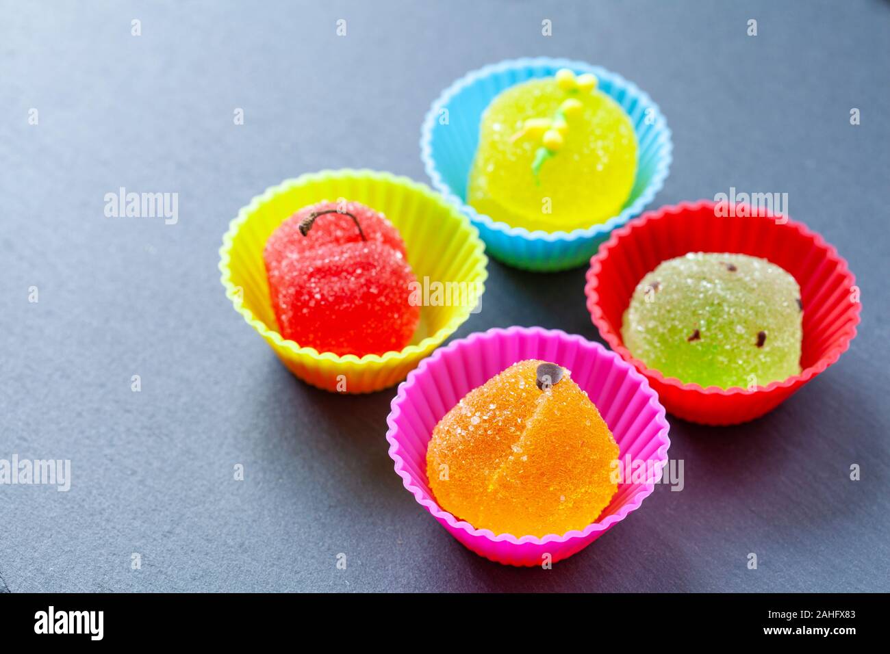 Fruit Shaped Jellies on a slate tray, natural light Stock Photo - Alamy