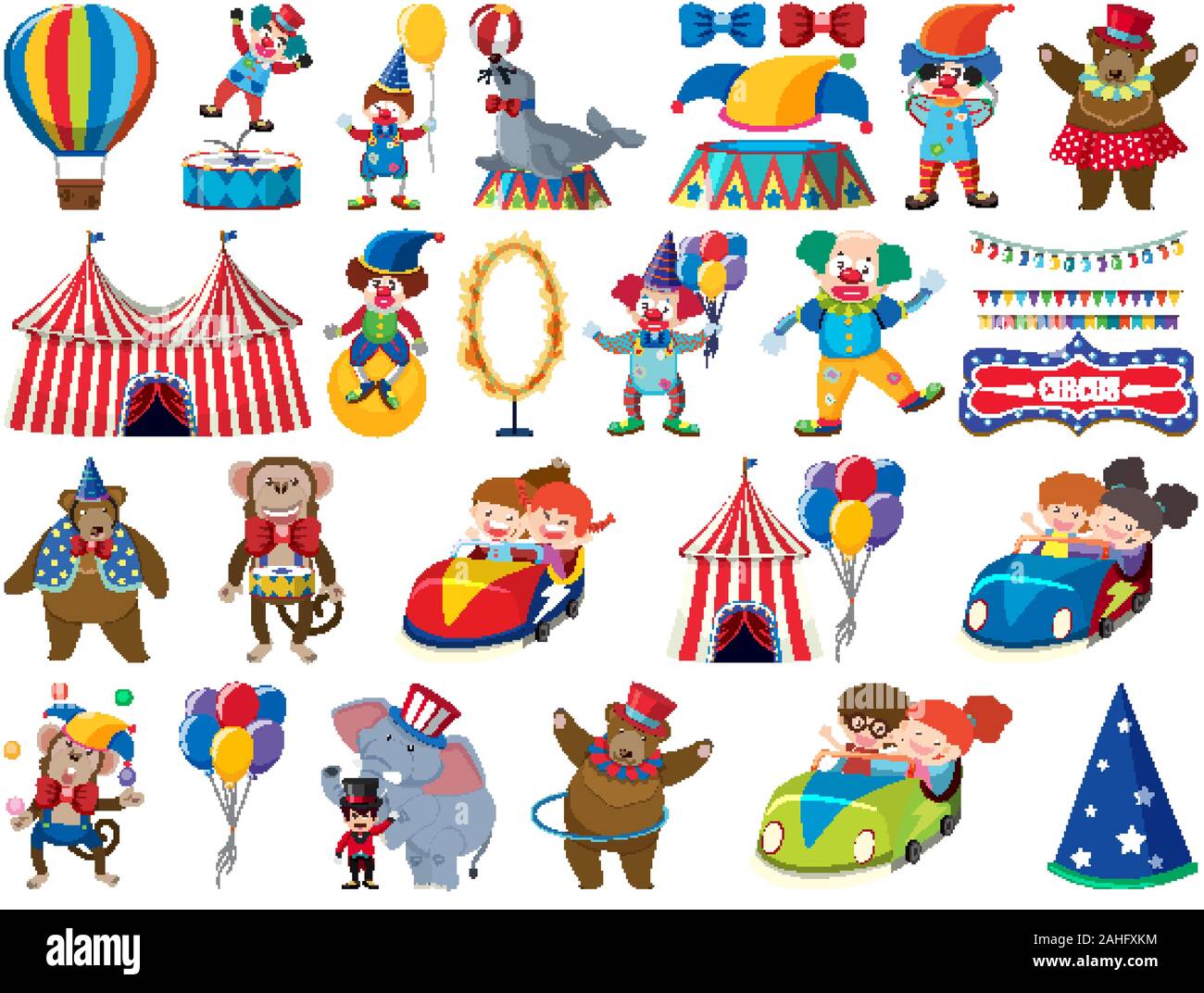 Large set of isolated objects of kids and circus illustration Stock ...