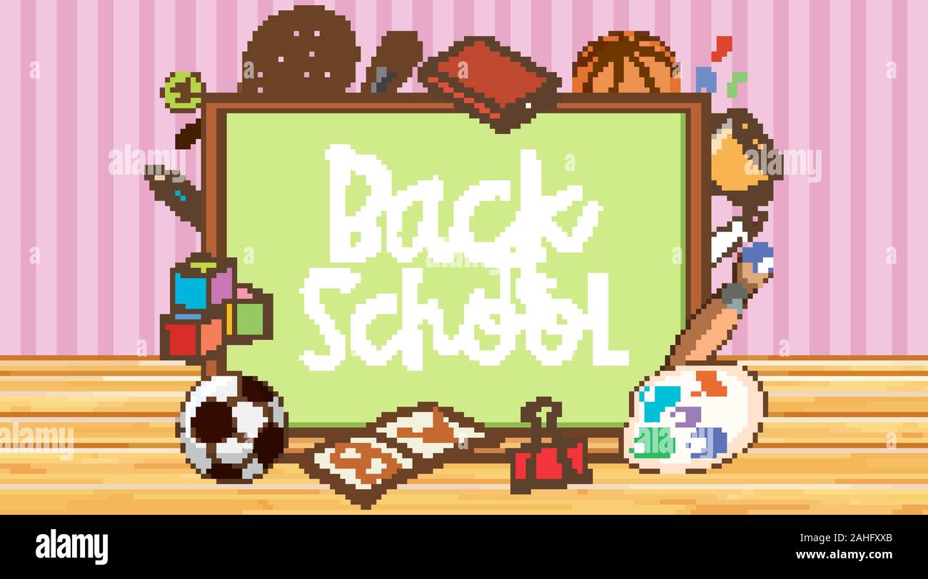 Back to school sign with board and school items illustration Stock ...