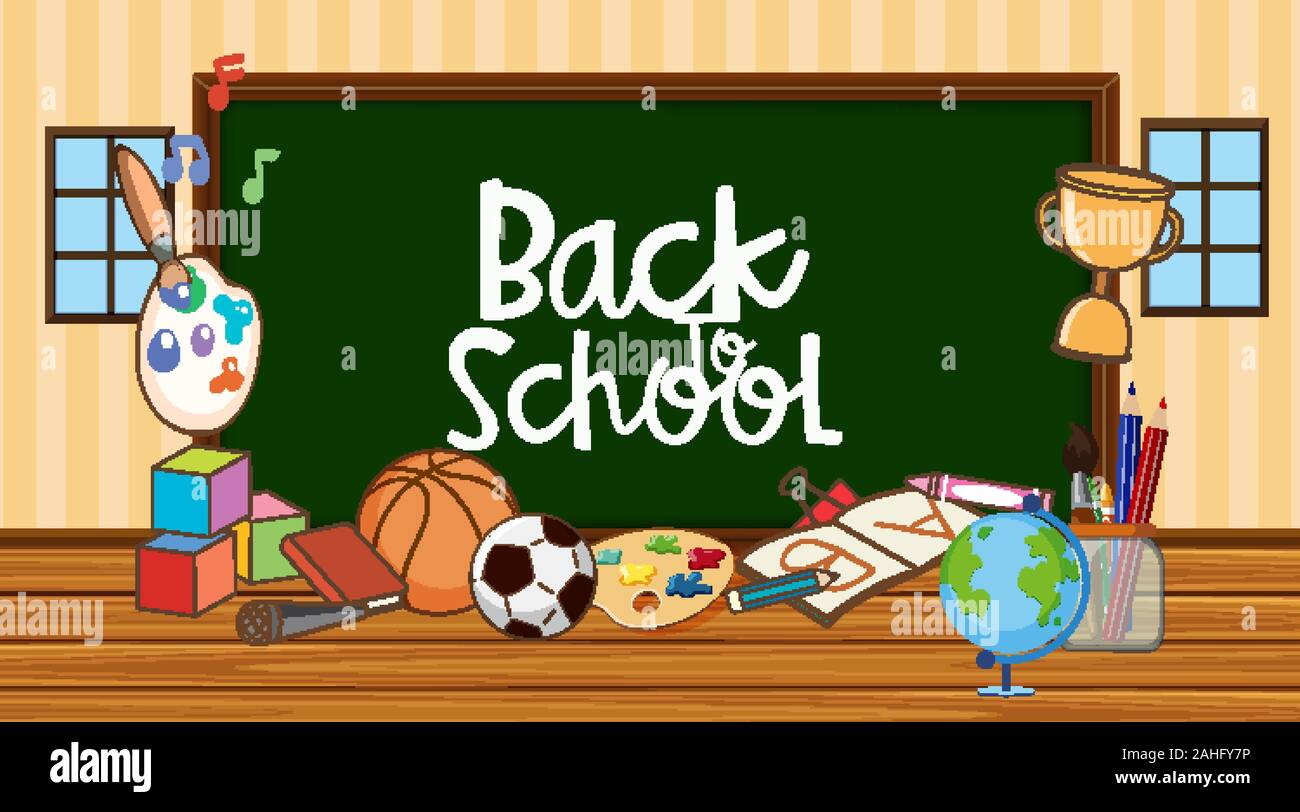Background with board and school items in classroom illustration Stock ...