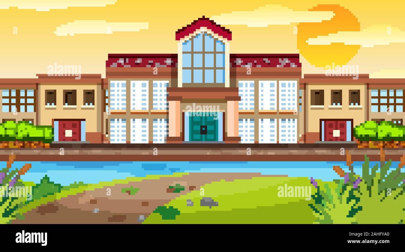 Nature scene with big building by the river illustration Stock Vector ...