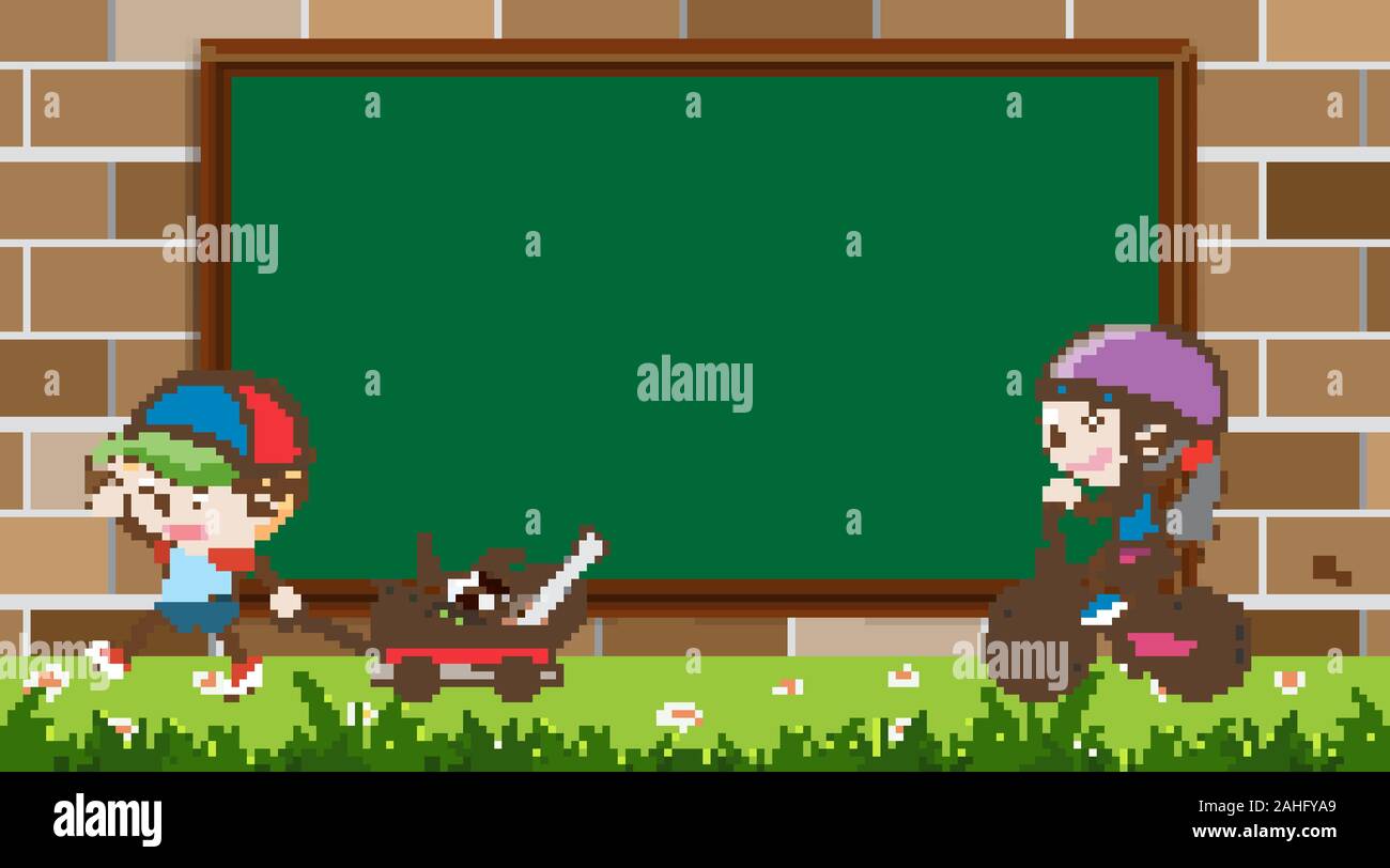 Border template with boy and girl playing in the park illustration ...