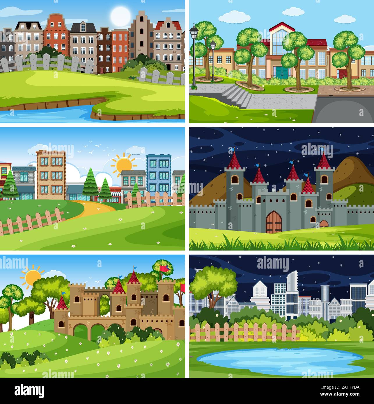 A set of outdoor scene including building illustration Stock Vector ...