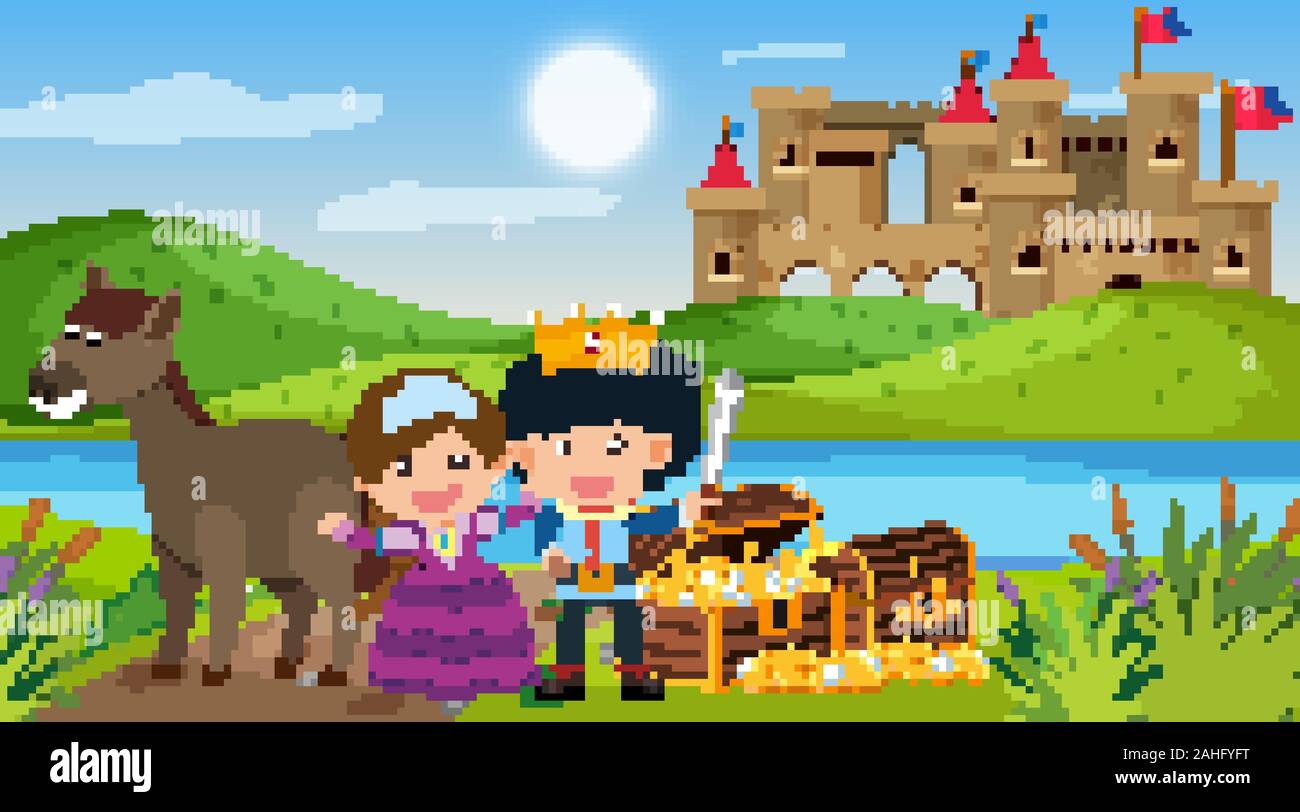 Scene with prince and princess in fairytale land illustration Stock ...