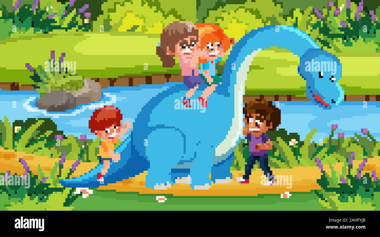 Scene with kids riding dinosaur in the park illustration Stock Vector ...