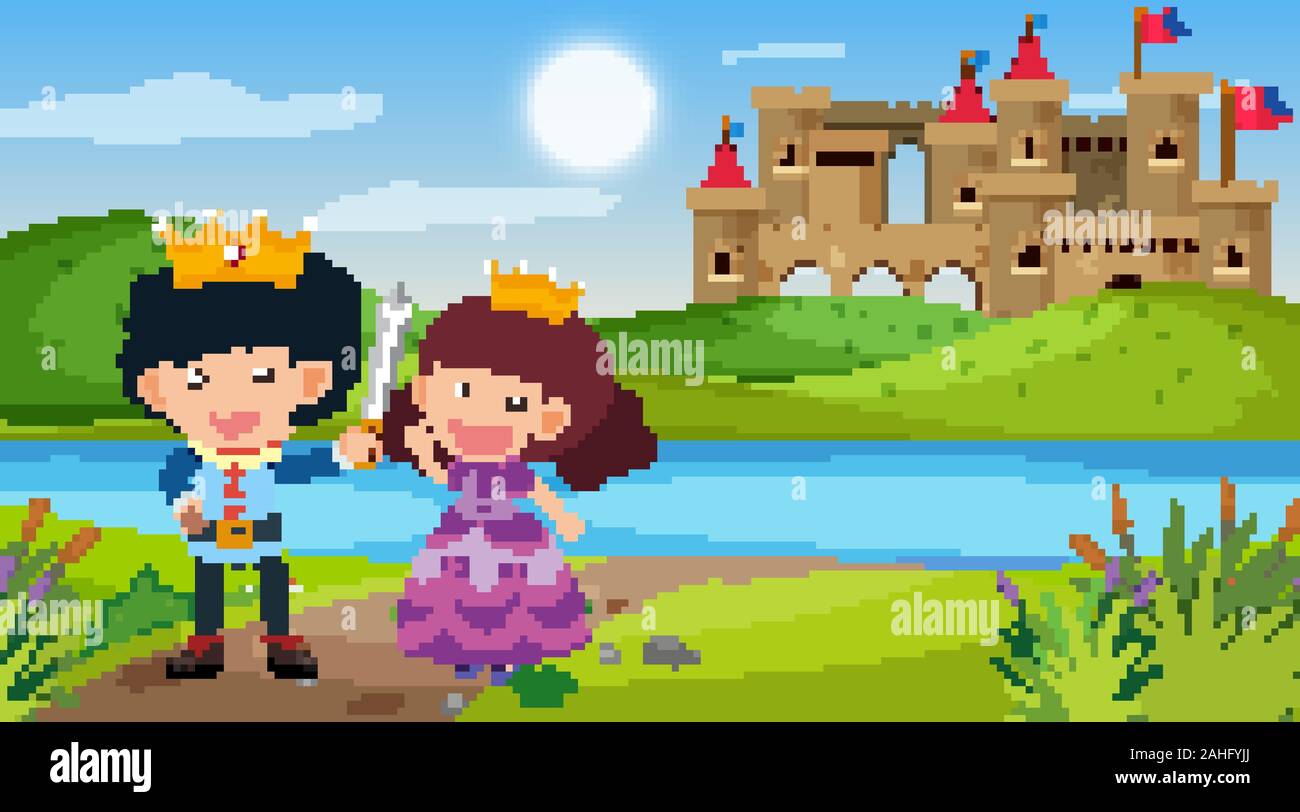 Scene with prince and princess in fairytale land illustration Stock ...