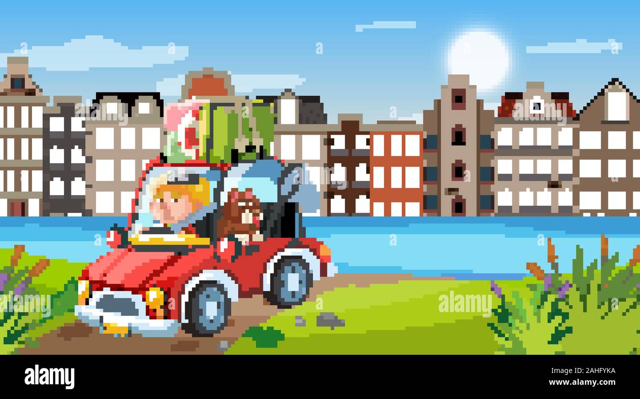 Nature scene with man driving in the city illustration Stock Vector ...