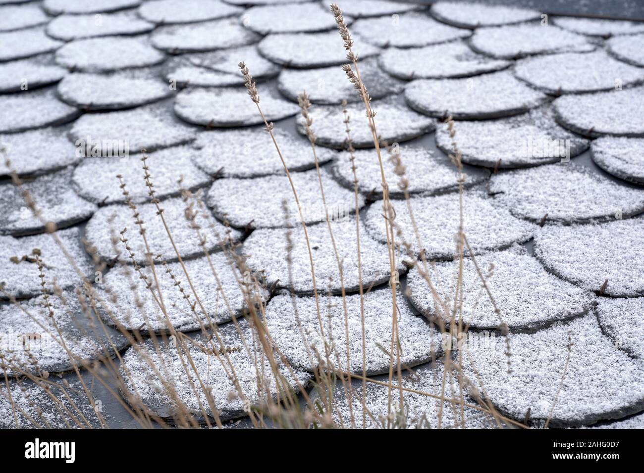 Roof tiles. Winter roof background with snow on it Stock Photo - Alamy
