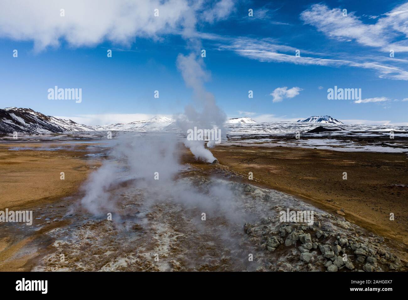 Aerial view of geothermal springs in the location of Hverir. Iceland in ...