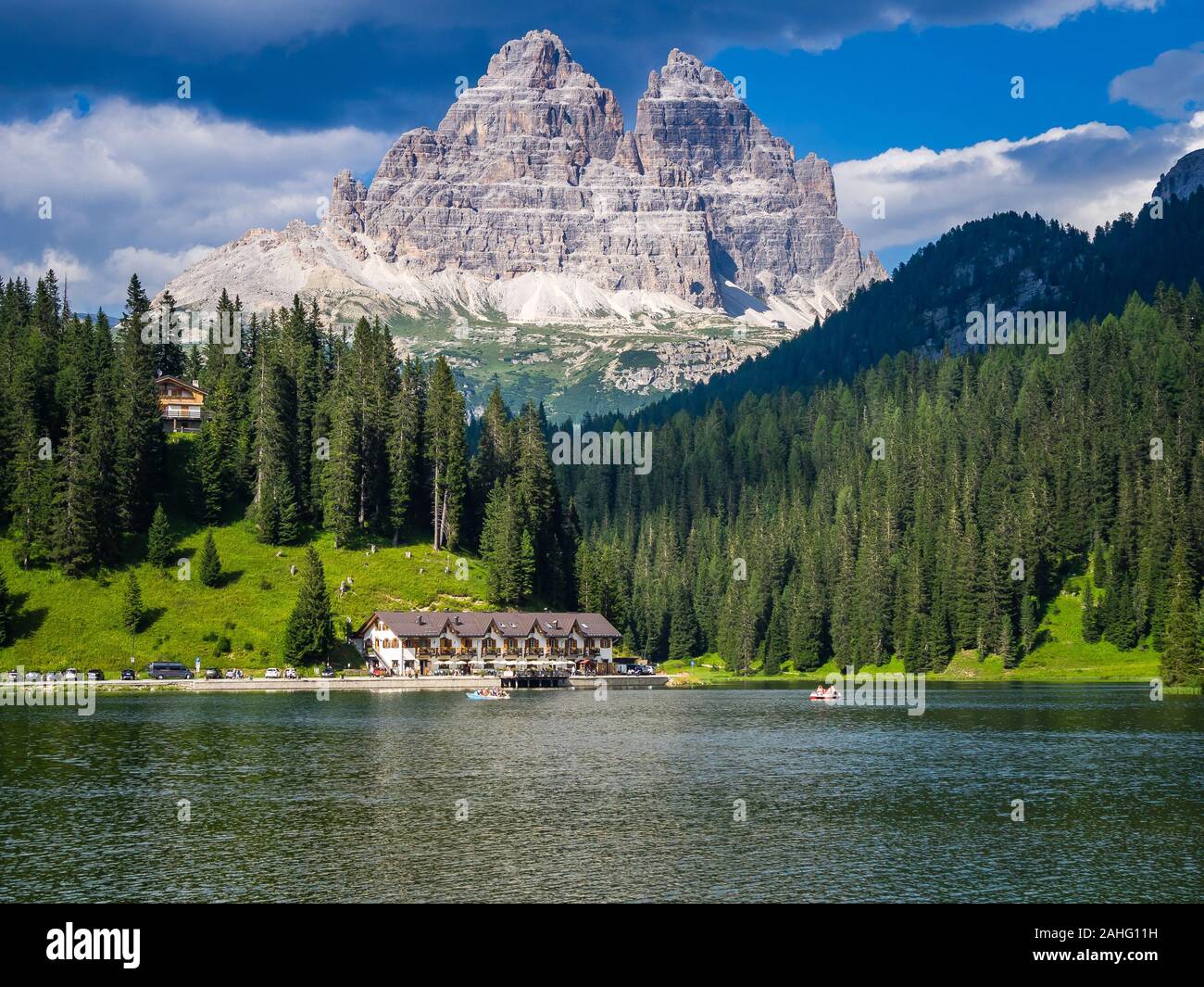 Summer landscape of Misurina lake in Veneto, with Tre Cime of Lavaredo ...