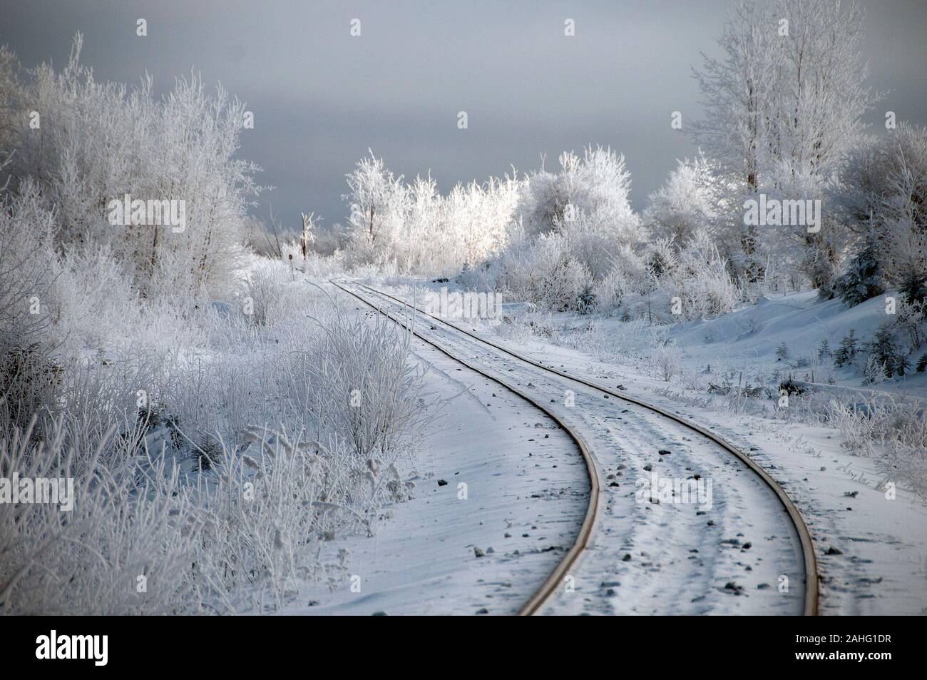 Winter frosty scenery showing railroad track Stock Photo - Alamy