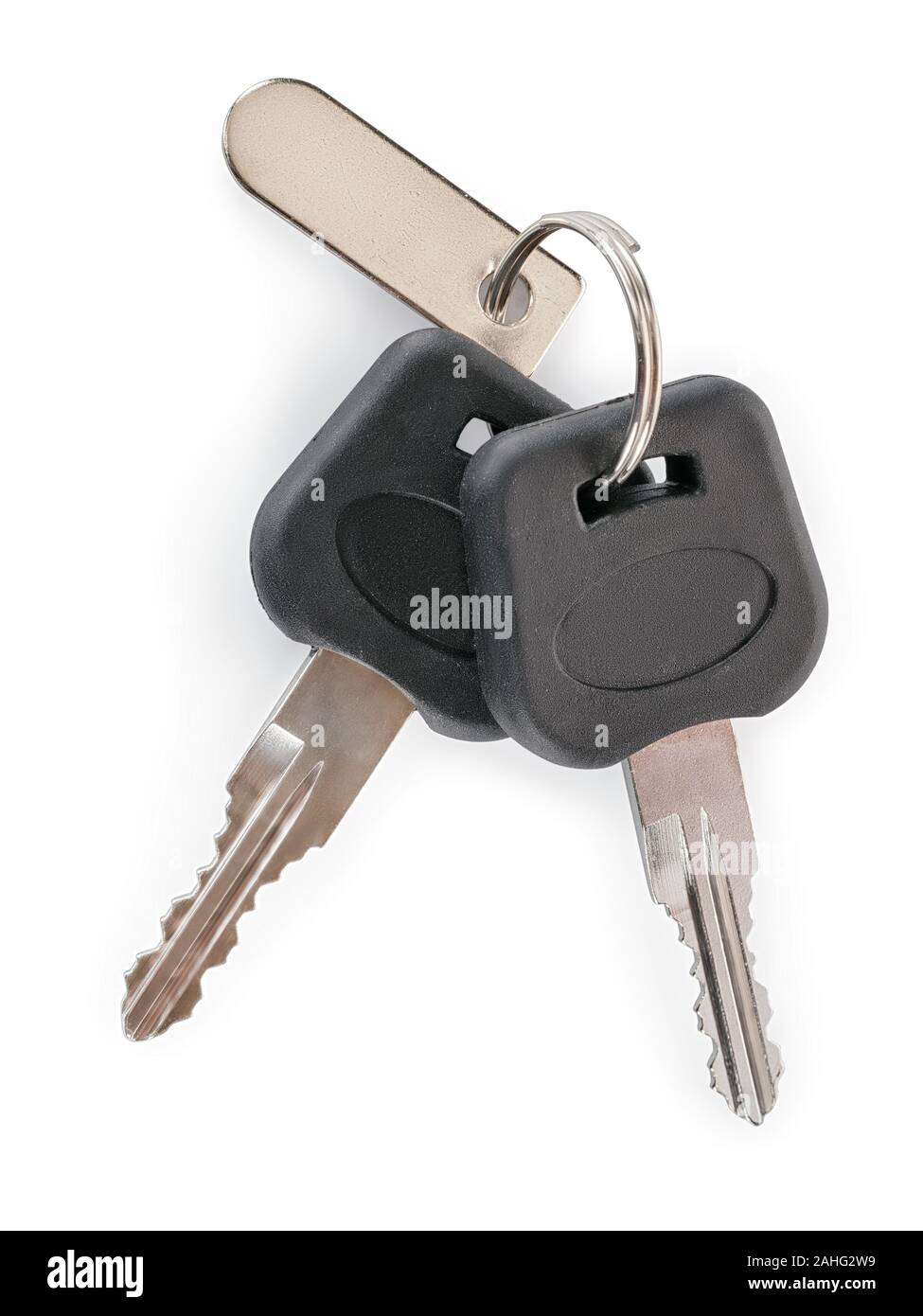 Set of car, motorcycle or furniture keys with metallic label. Isolated ...