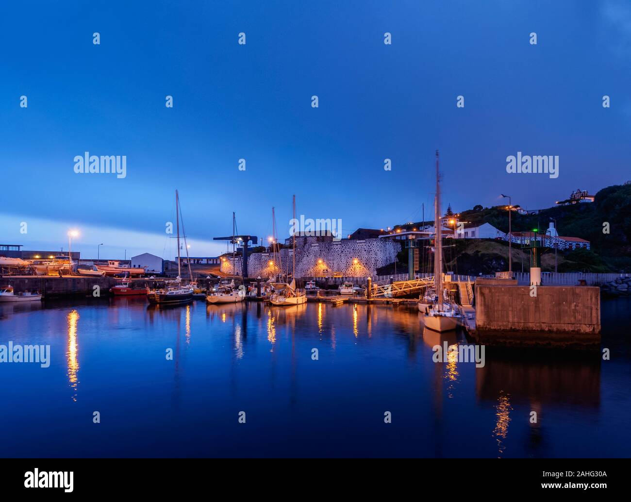 Port in Lajes das Flores at twilight, Flores Island, Azores, Portugal ...