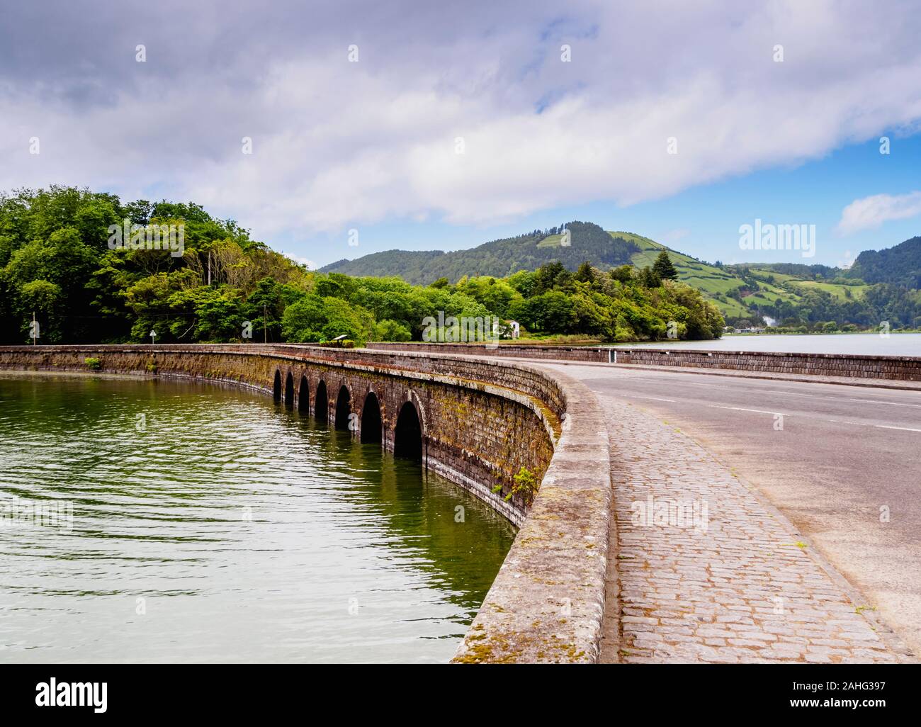 Bridge over Lagoa das Sete Cidades, Sao Miguel Island, Azores, Portugal ...