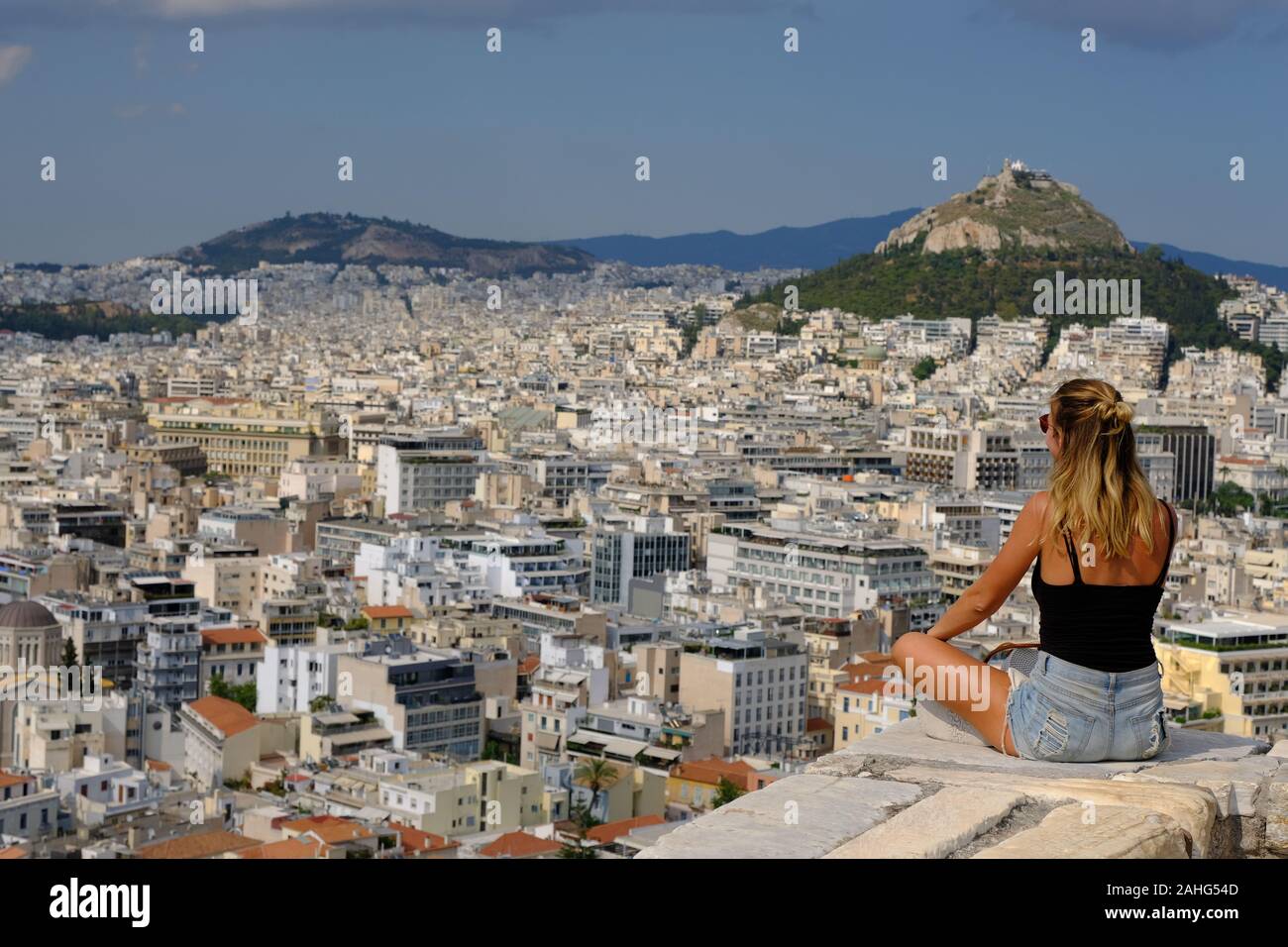Girl looking at Athens from the Acropolis Stock Photo - Alamy