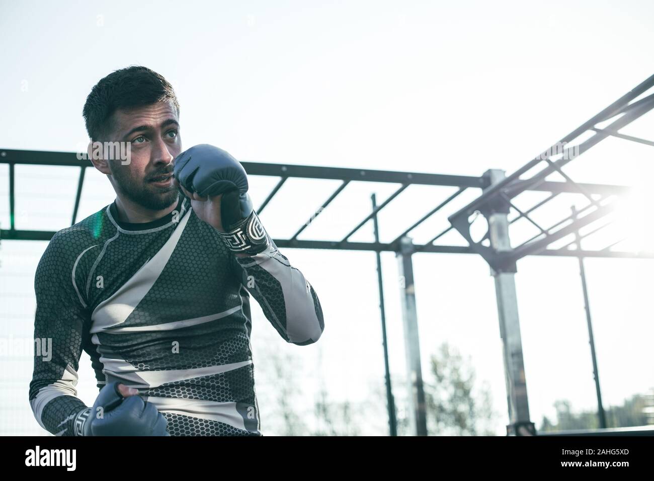 Calm sportsman practicing boxing stances and looking serious Stock ...