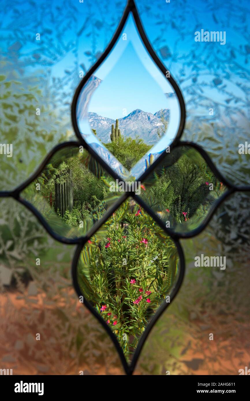 View of the Sonoran Desert through a stained glass window Stock Photo ...