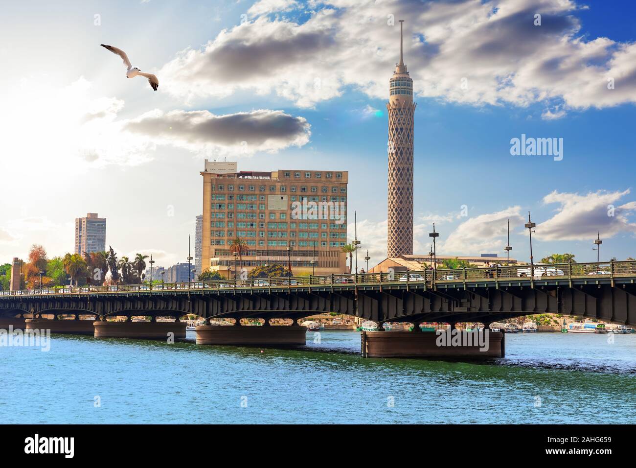 Qasr al-Nil Bridge over the Nile and the Tower of Cairo, Egypt Stock ...