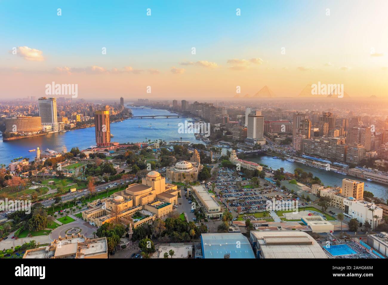 Cairo downtown and the Nile from above, sunset view, Egypt Stock Photo ...