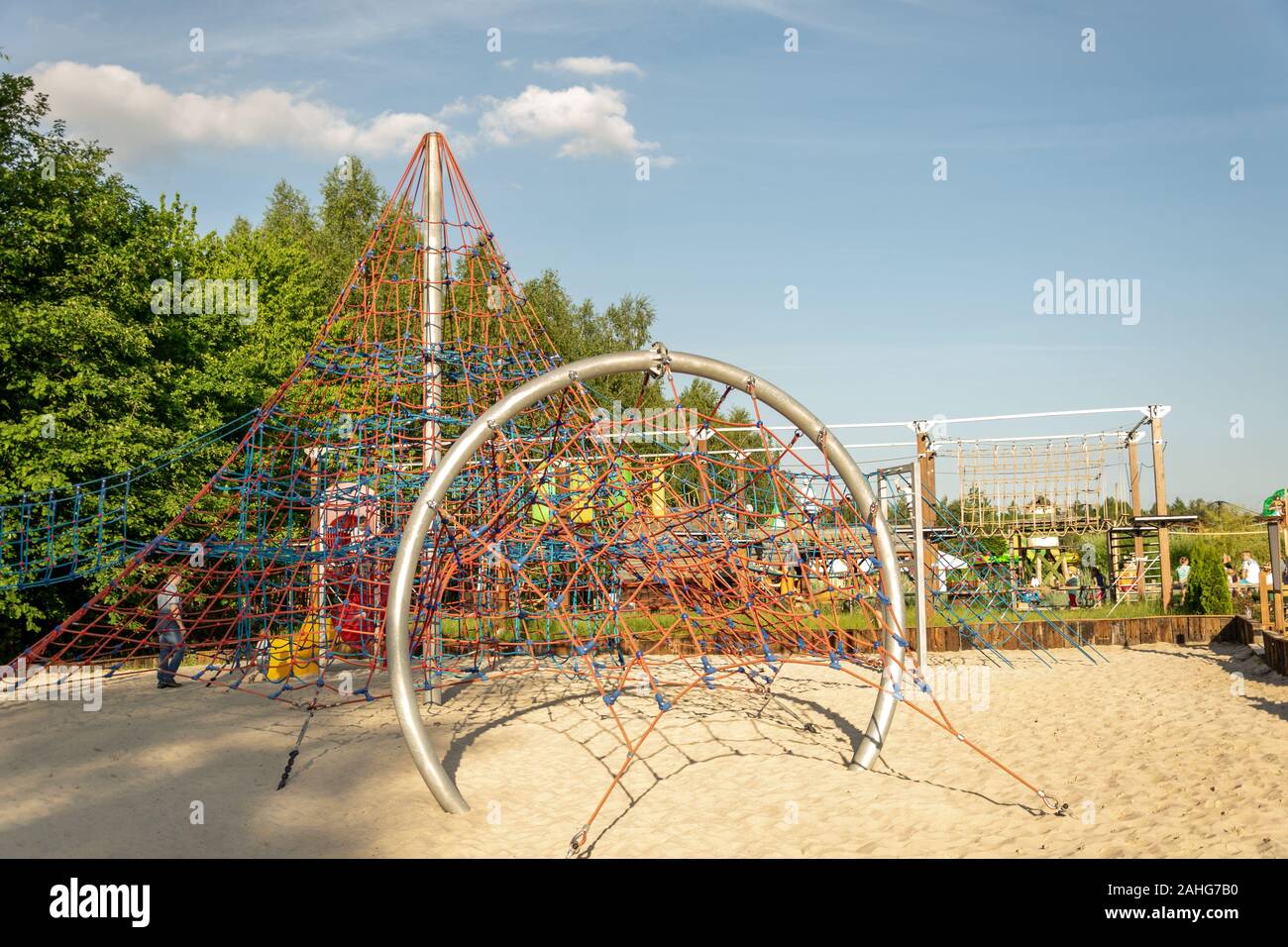 Children's playground, a place to climb the net. Golden sand and a ...