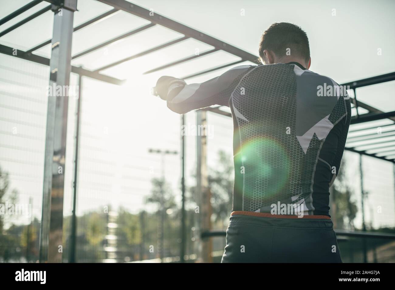 Waist up of the boxer performing his stances outdoors alone Stock Photo ...