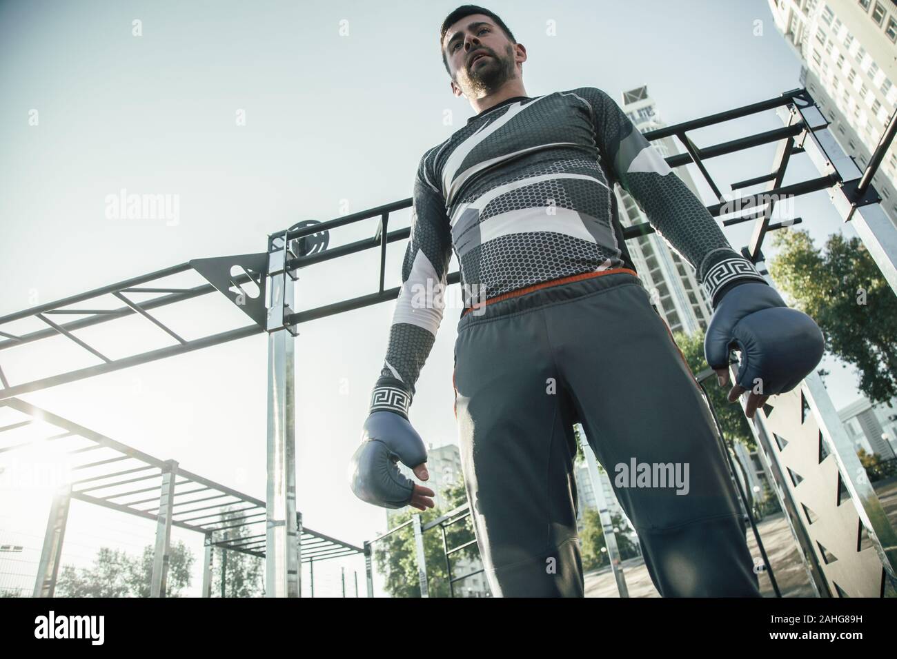 Waist up of confident boxer wearing boxing gloves and looking at you ...