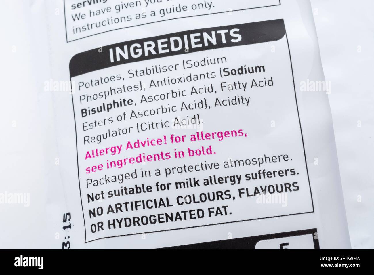 ASDA own-label dry potato mash in plastic bag. For food ingredients ...