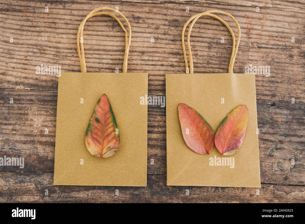 concept of avoiding waste single-use items, paper bags with leaves on ...