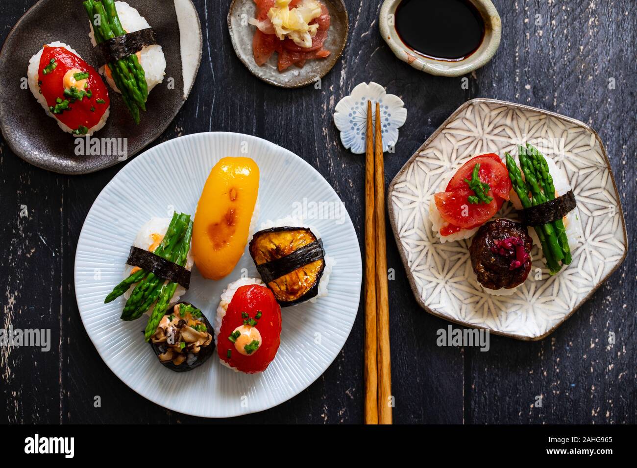 Vegan sushi with tomato, mushroom and aubergine Stock Photo - Alamy