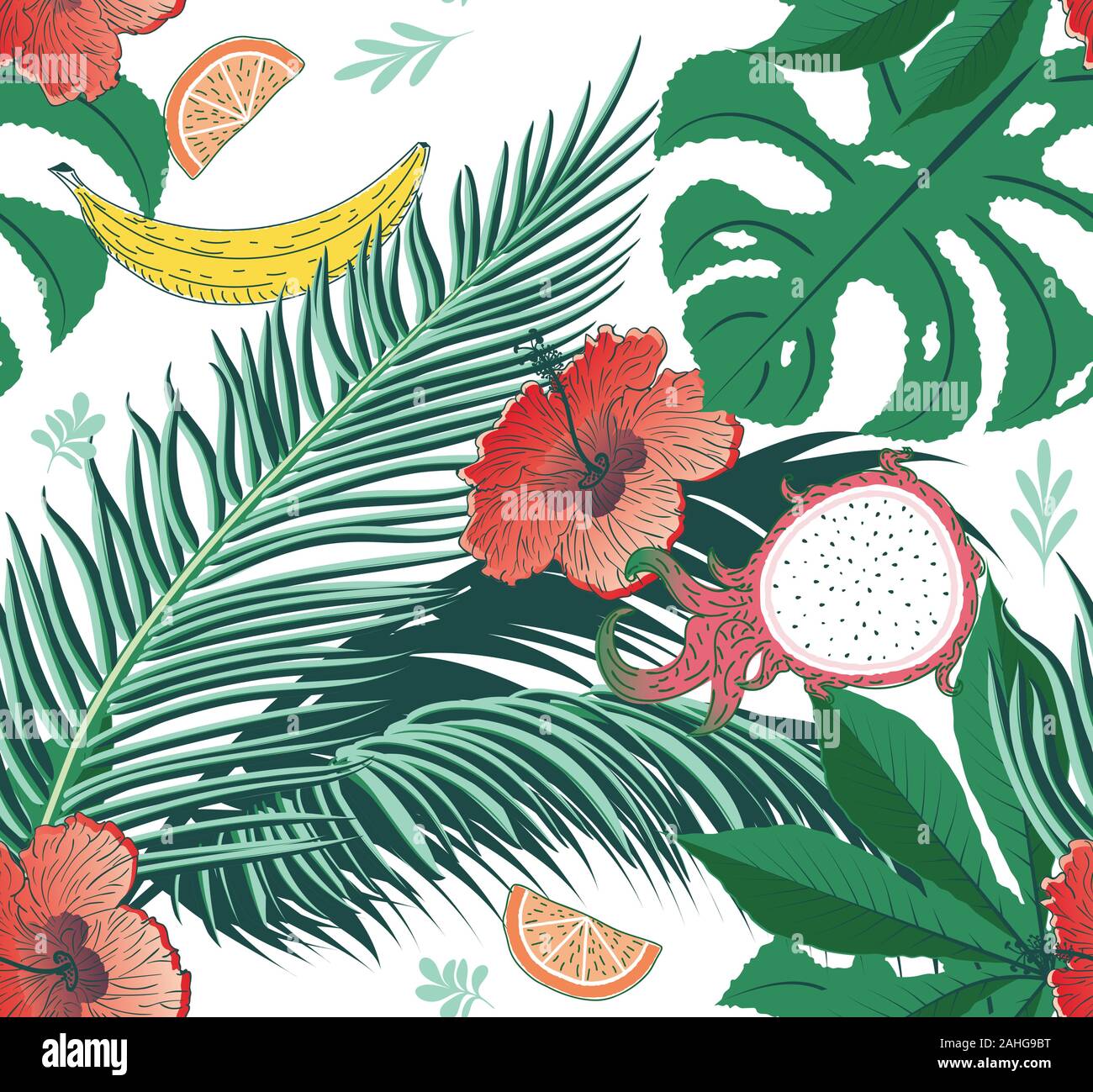 Various tropical leaves and fruits, summer themed pattern design Stock ...