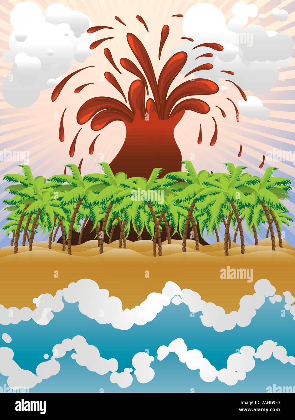 Cartoon tropical island with exploding volcano background Stock Vector ...